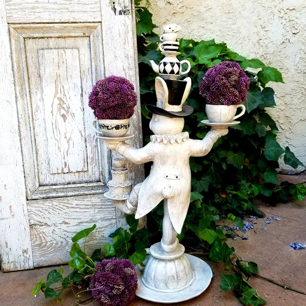 Resin Bunny Rabbit Balancing Tea Cups 24" - City Farmhouse Antiques