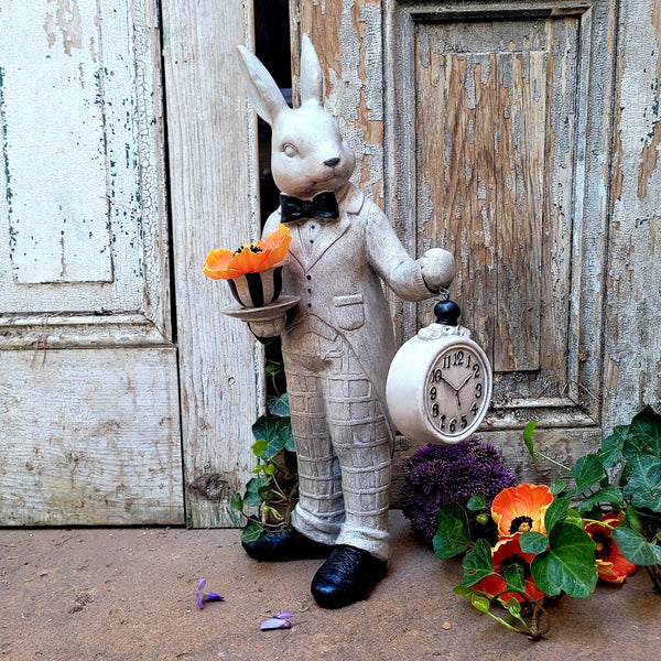 Black & White Bunny Rabbit Holding Clock - City Farmhouse Antiques