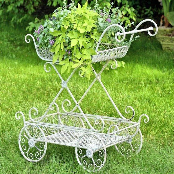Two Tier Flower Push Cart with Moving Wheels - City Farmhouse Antiques